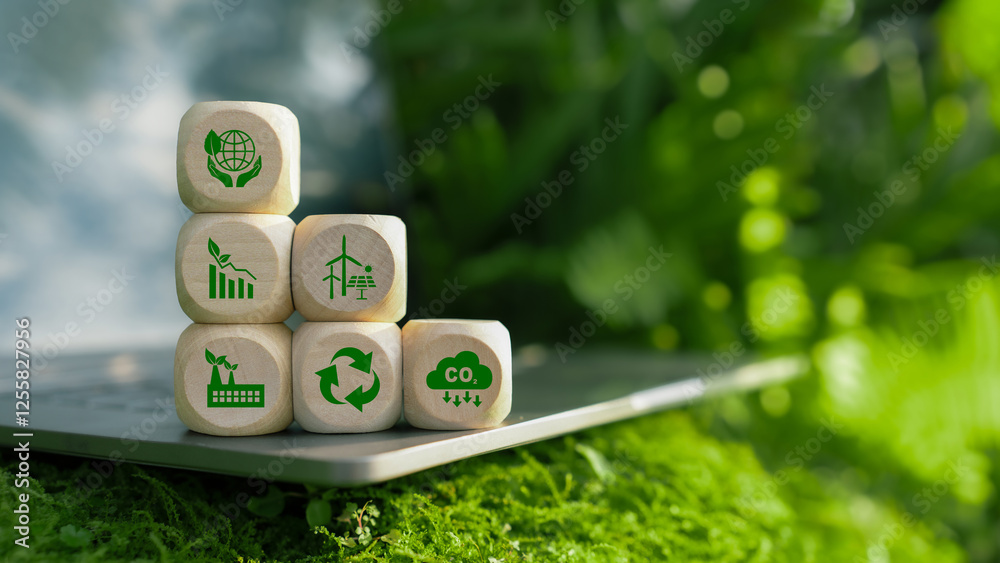 Foto de Stock Wooden blocks with green environmental icons for ESG ...