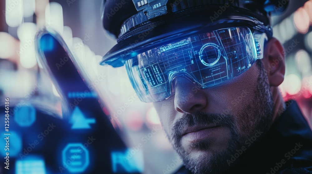 Futuristic Police Officer Conducting Biometric Scan on Suspect with ...
