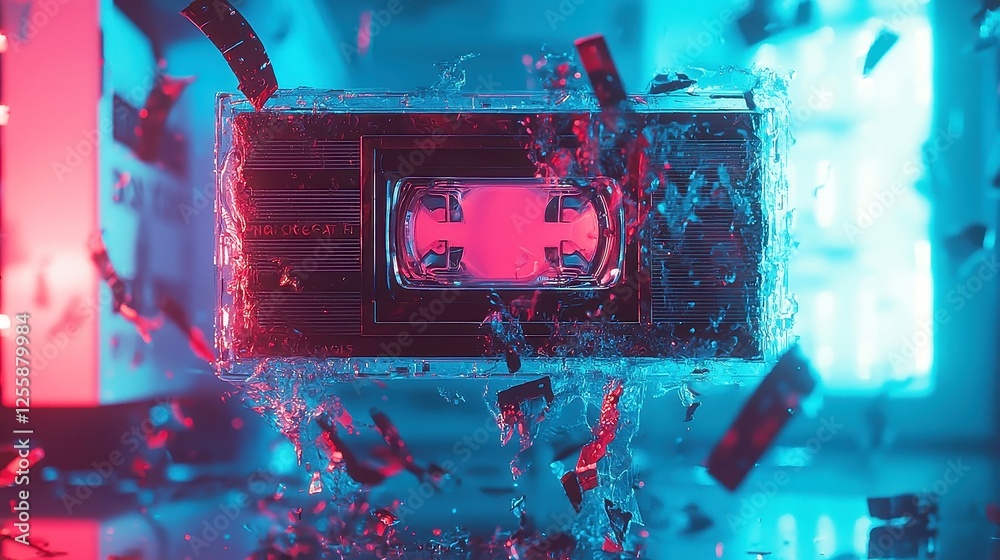 Neon Glitch Aesthetic, distorted VHS static featuring vibrant blue and ...