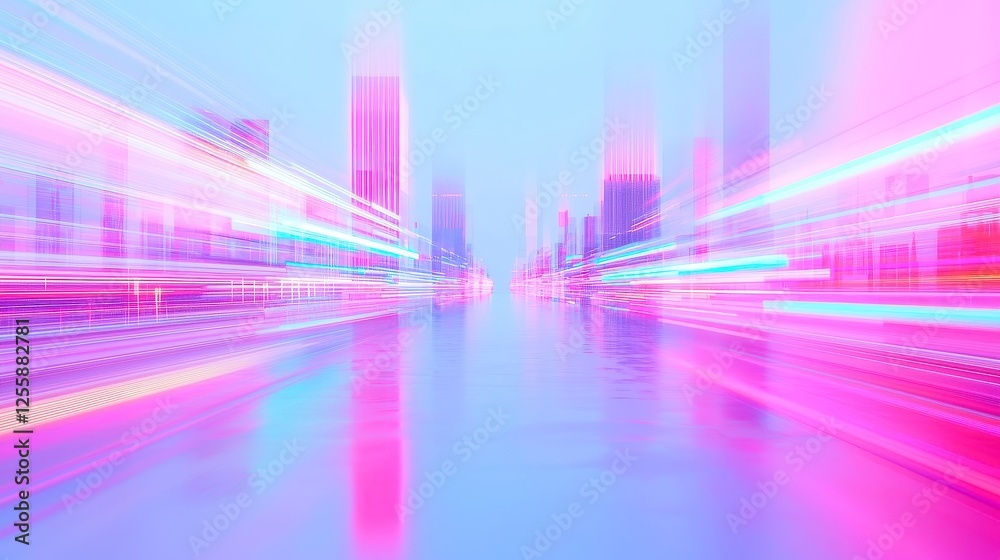 Hypnotic RGB Distortion Over Retro-Futuristic Skyline, vibrant colors ...