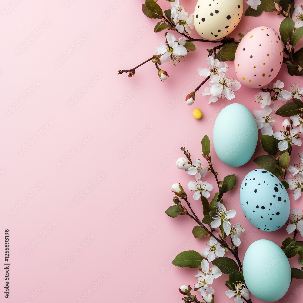 Colorful eggs and spring flowers on a soft background. A celebration of ...