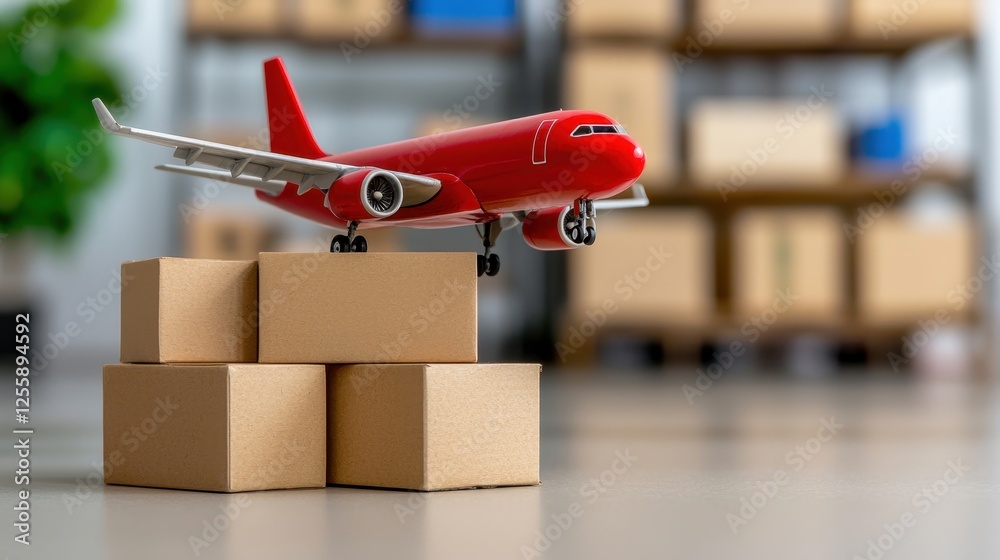 Red Toy Airplane on Stacked Boxes in Warehouse Environment for Delivery ...