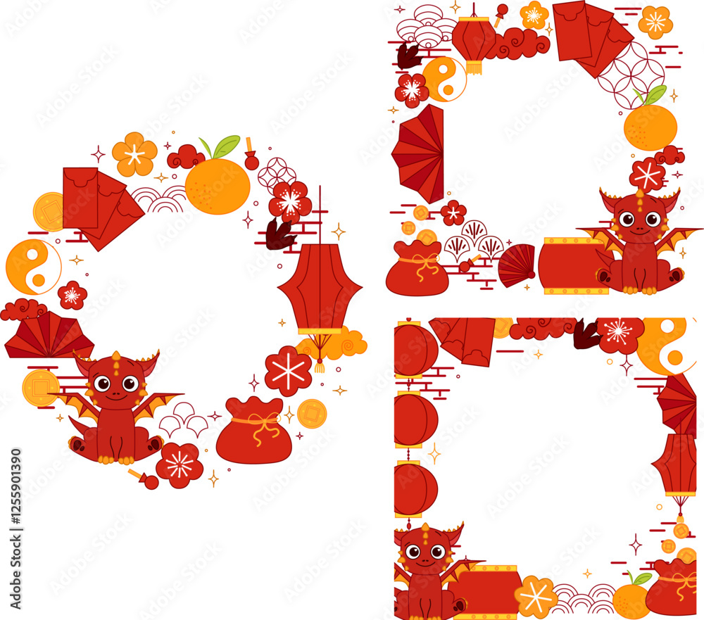 Chinese New year of Red dragon 2036 vector graphic line round circle ...