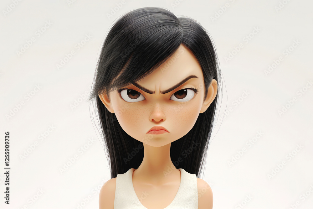Angry girl cartoon character with frowning eyebrows and pursed lips on ...