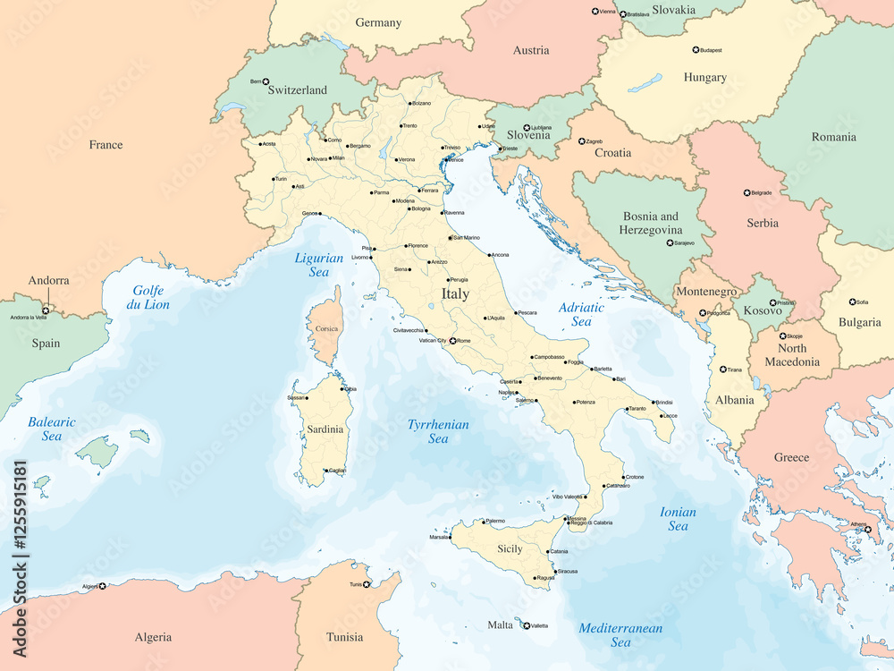 Detailed political map of Italy and its surrounding countries ...