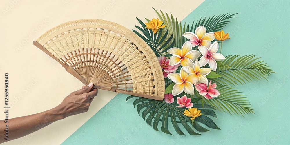 Tropical hand fan with exotic flowers for Bahamas tourism promotions ...