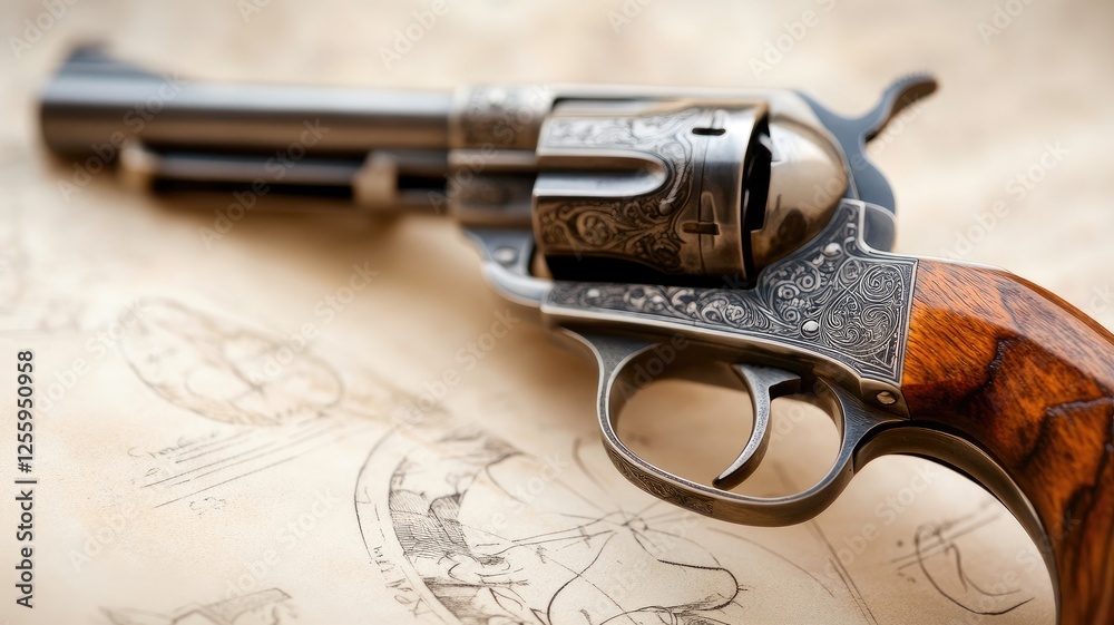 Vintage ornate revolver on blueprint background, showcasing antique ...