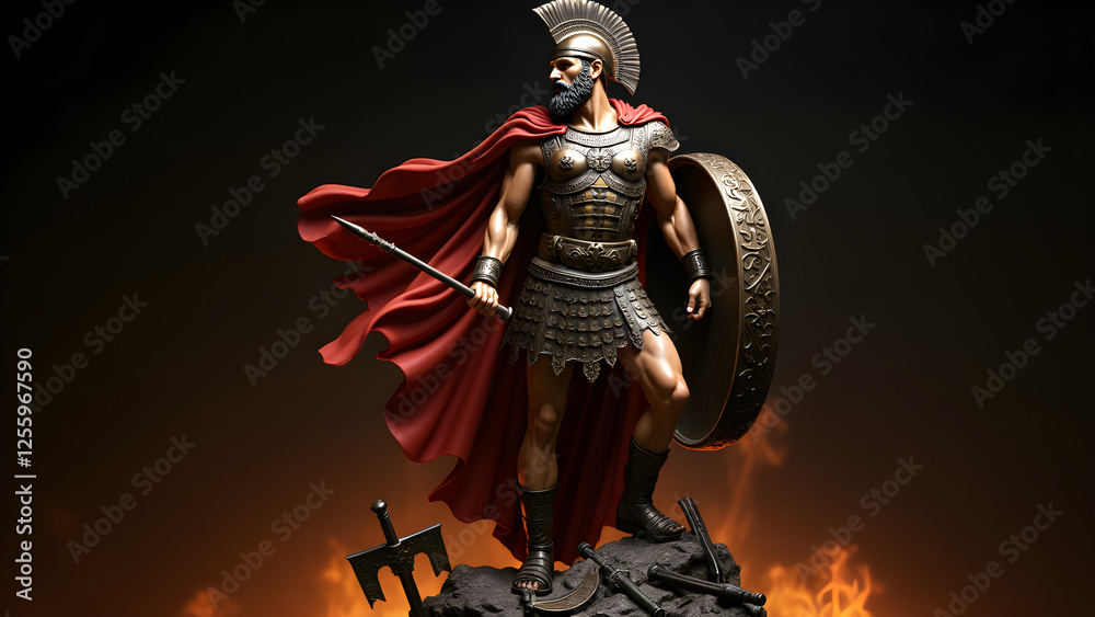 A powerful statue of Mars, the Roman god of war, standing in full armor ...