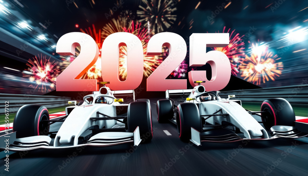 white formula cars on a night race track with lots of fireworks and the ...