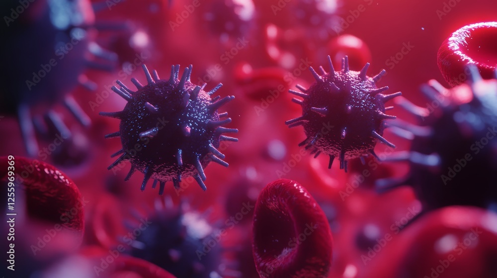 Realistic 3d illustration of virus particles among red blood cells in ...