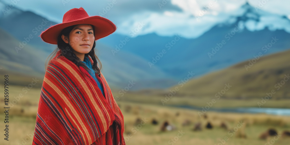 Indigenous quechua woman wearing traditional clothes in andes mountains ...