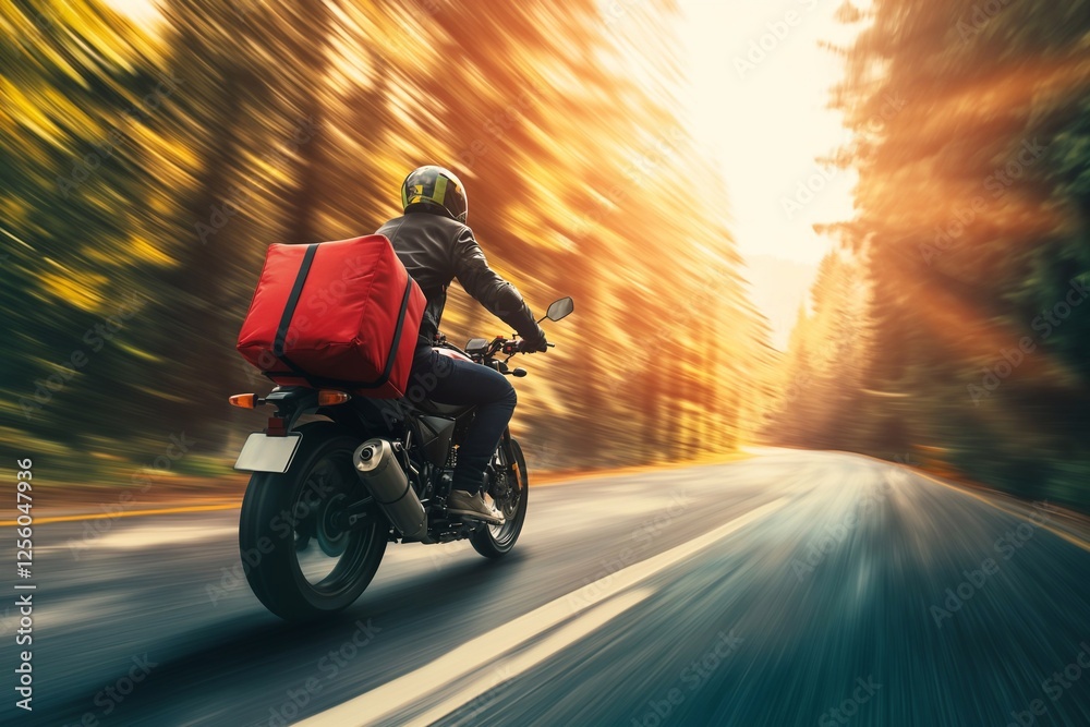Motorcycle delivery rider speeding on scenic autumn road during golden ...