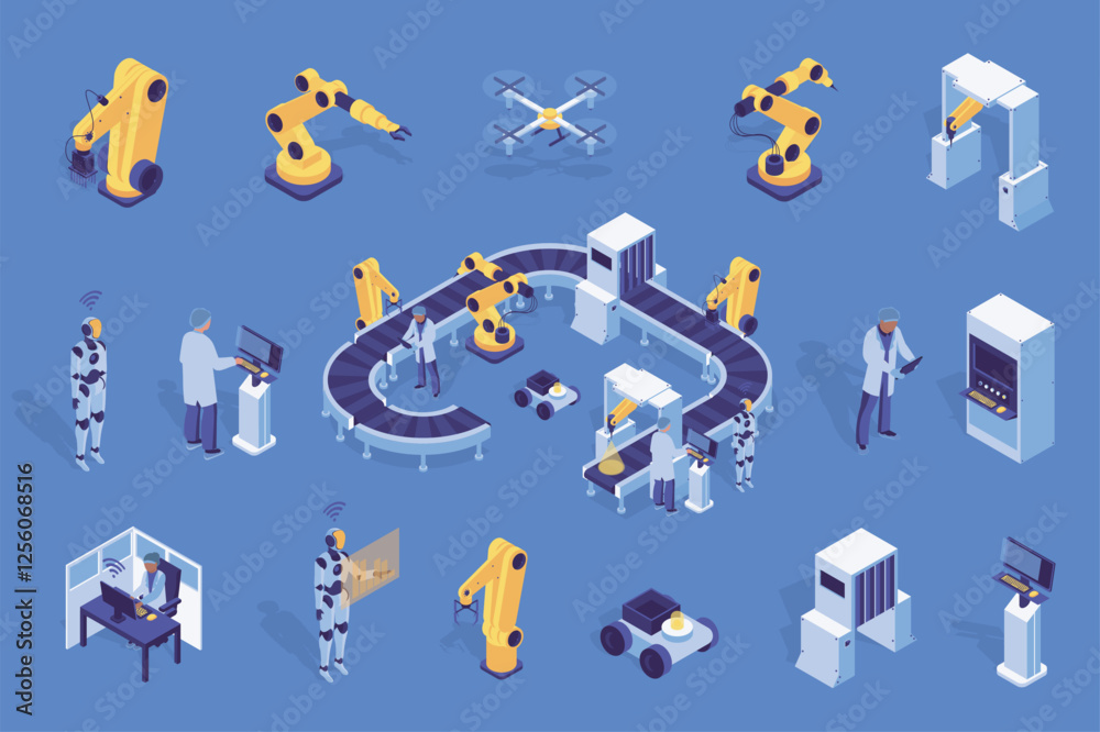 Automatic factory 3d isometric mega set in flat design. Collection ...