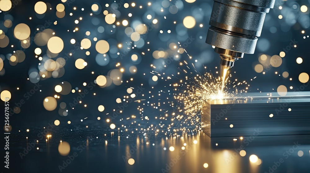 Detailed view of a precision laser cutting process on metal with sparks ...