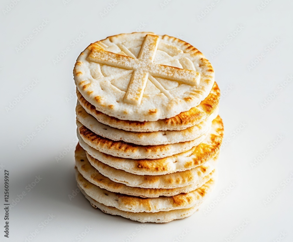 Eucharistic bread wafers stacked and marked with crosses serve as a ...