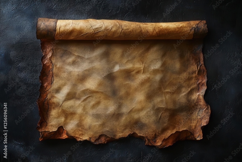 aged parchment scroll with weathered edges and authentic medieval texture, dramatically lit ...