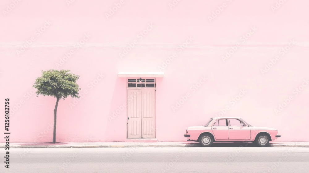 Pink wall, vintage car, tree, street; travel blog Stock Photo | Adobe Stock