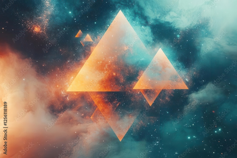 cosmic mindscape with swirling nebulae and floating geometric shapes ...