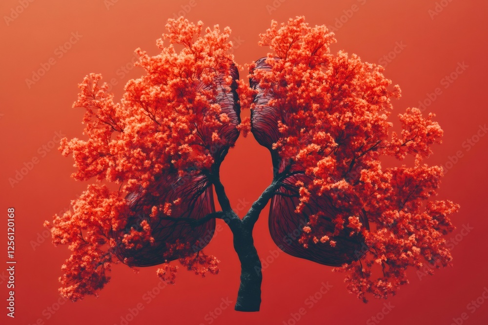 Orange-leafed tree forming human lung silhouette against vibrant red ...