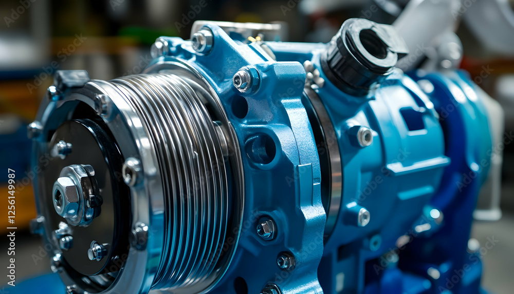 Automotive AC compressor, a detailed view of a blue, industrial-grade ...