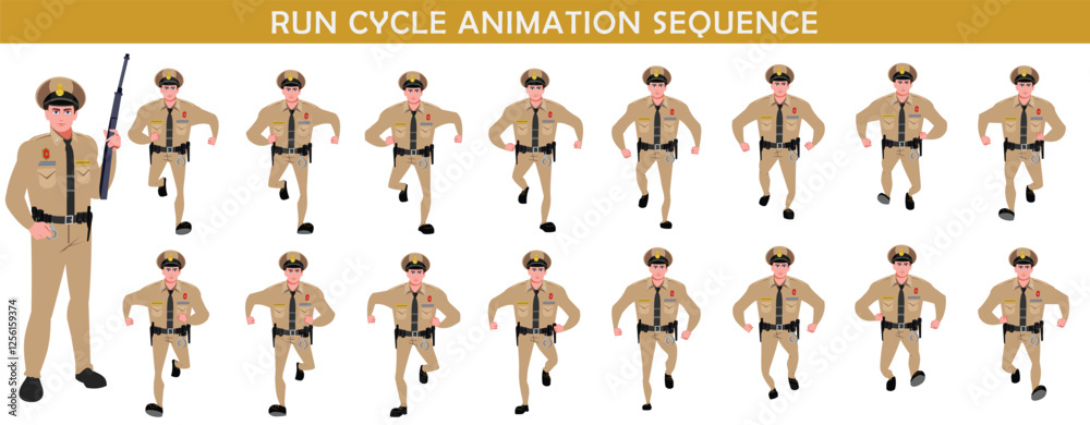 Police Officer Character Run cycle animation sequence. Front Rnu frame by frame animation sprite ...