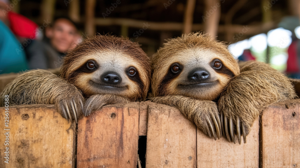 Happy sloth, A cozy rainforest rescue center featuring sloths in a high ...