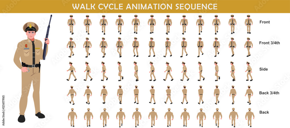 Police Officer Character walk cycle animation sequence. Front walk frame by frame animation ...