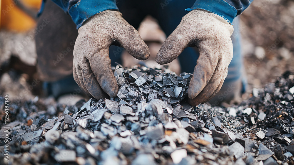 Worker handling scrap metal. Safety first! Hands protected with gloves ...
