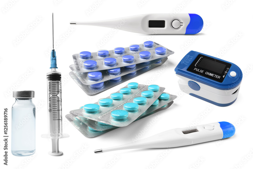 Medical digital thermometer, syringe and glass vial with liquid ...