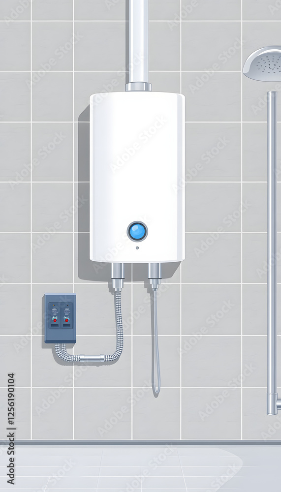 Instant tankless electric water heater installed on grey tile wall with ...