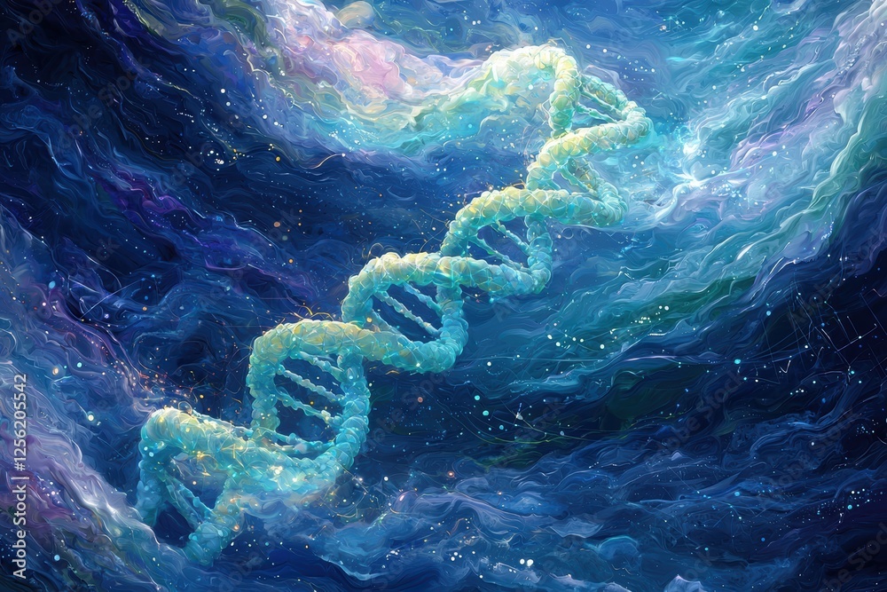 Floating dna helix in cosmic data grid science visualization galactic ...