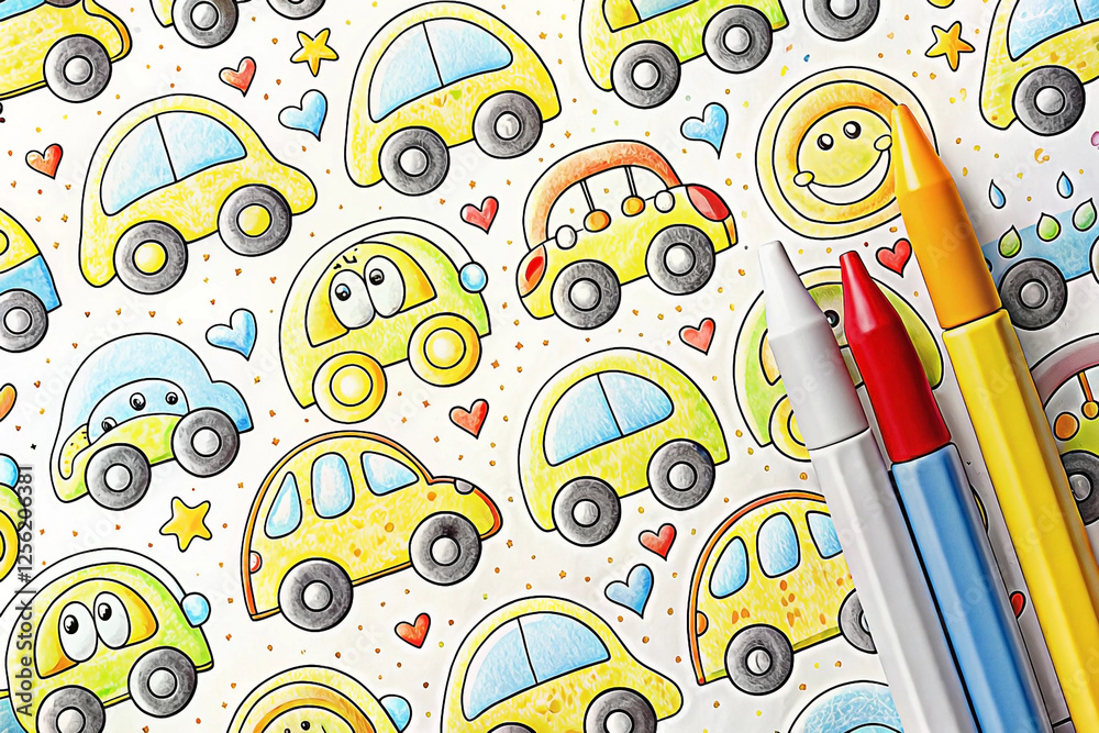 Colorful car coloring page with crayons, hearts, and stars; kids ...
