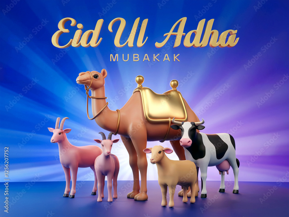 eid ul azha mubarak greeting card design with camel cow and goats Stock ...