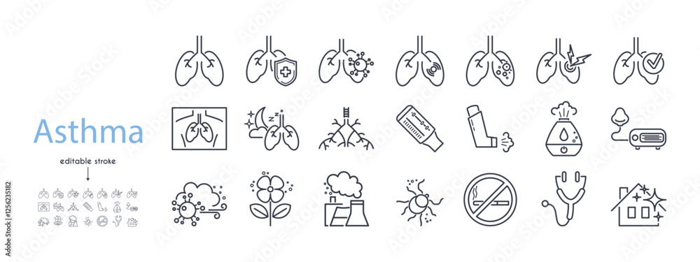 Asthma line icons set. Respiratory diseases, lungs, bronchi, spirometer ...