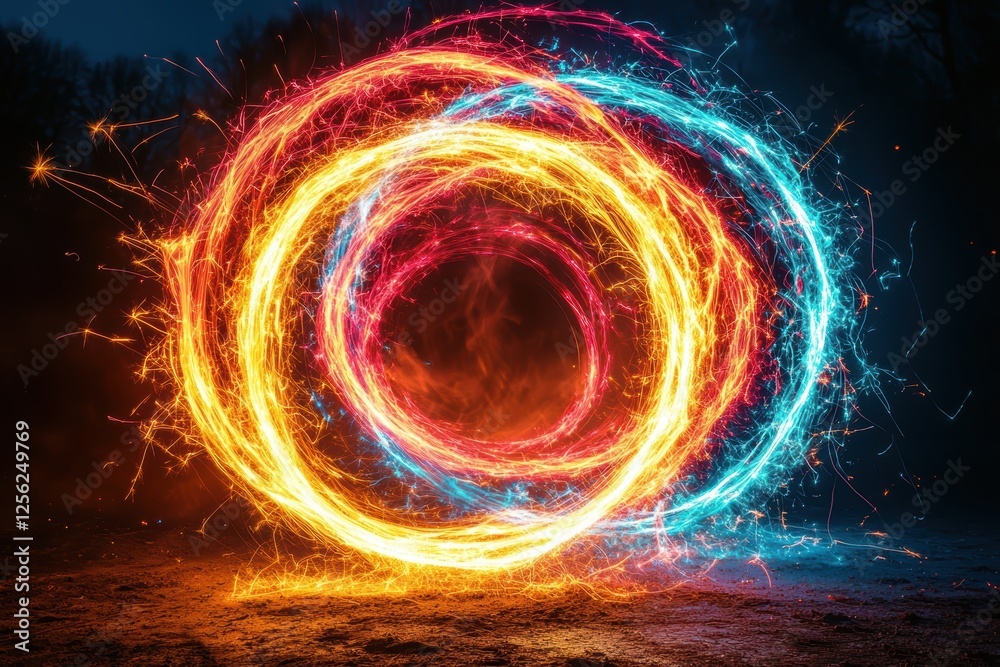 Vibrant fire vortex display abstract art digital artwork nighttime high ...