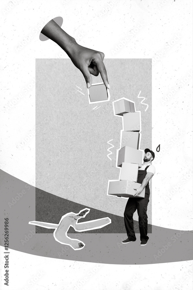 Vertical collage image of big black white effect arm fingers through ...