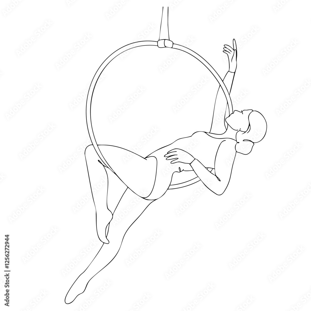 Minimalist vector line art of an aerial acrobat performing on a hoop ...
