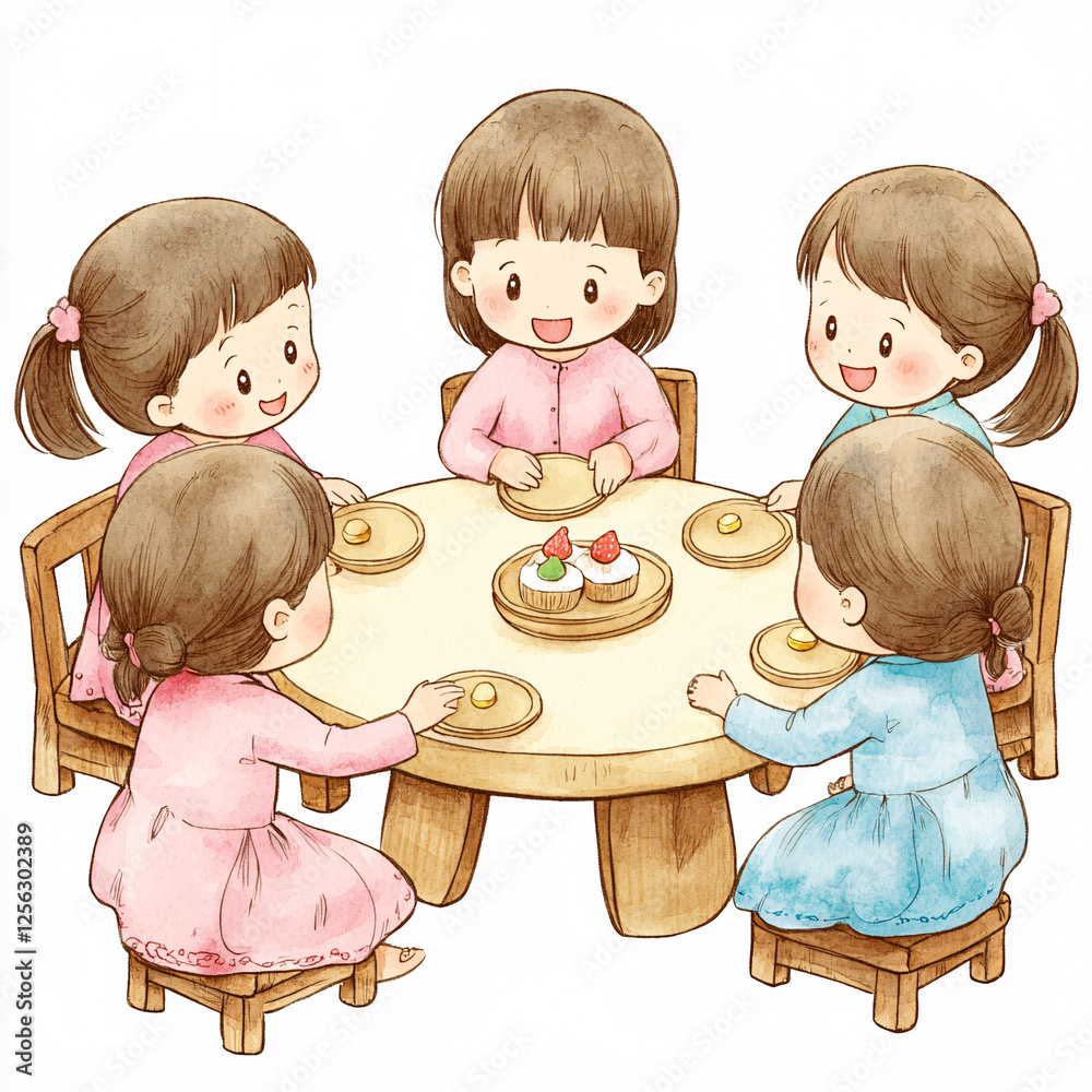Five smiling children are sitting around a round table, each with a ...