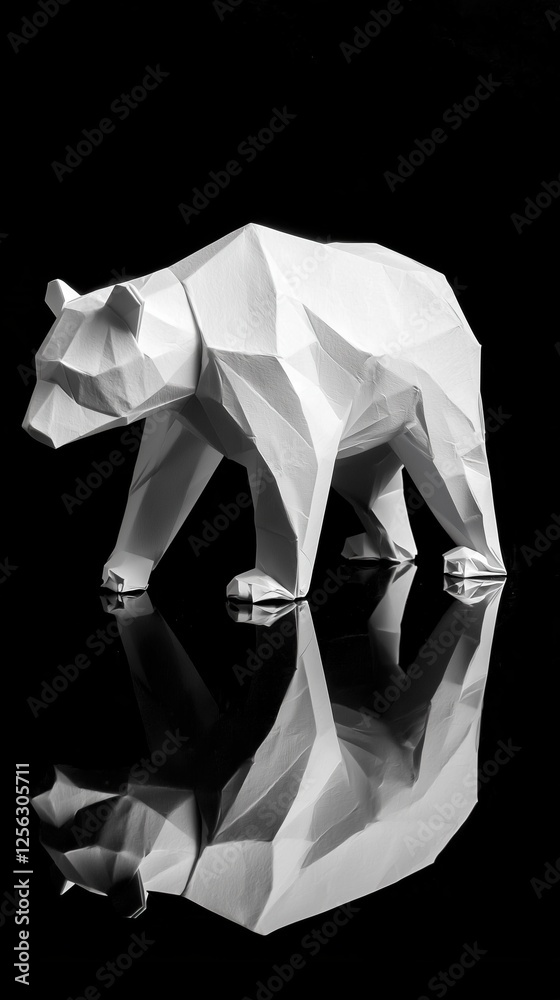 Geometric Papercraft Bear: minimalist monochromatic sculpture standing ...