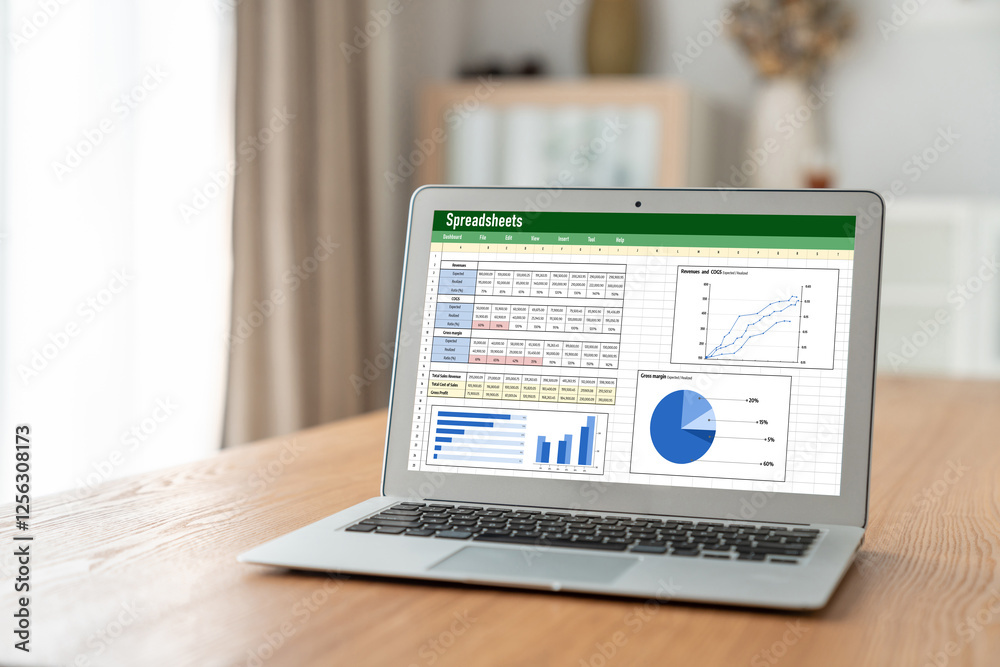 Spreadsheet document information financial startup concept. data and ...