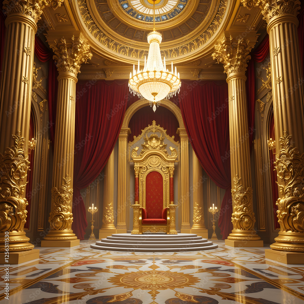 Magnificent golden throne room interior design with red curtains and on ...