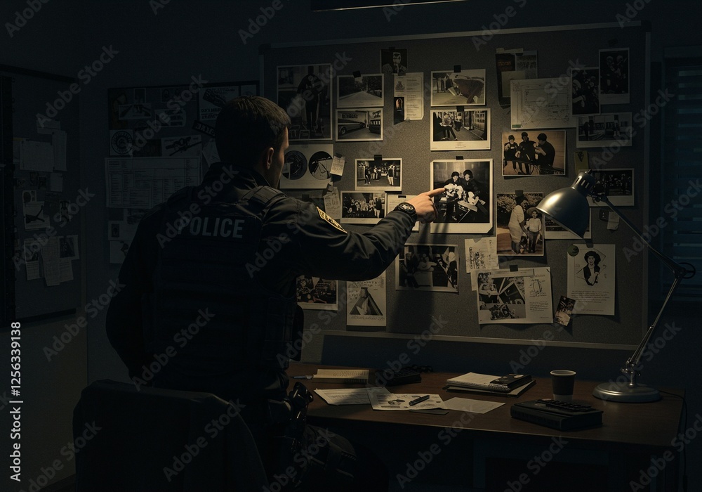 Zdjęcie bez tantiem: Detective examining evidence wall in dark room ...