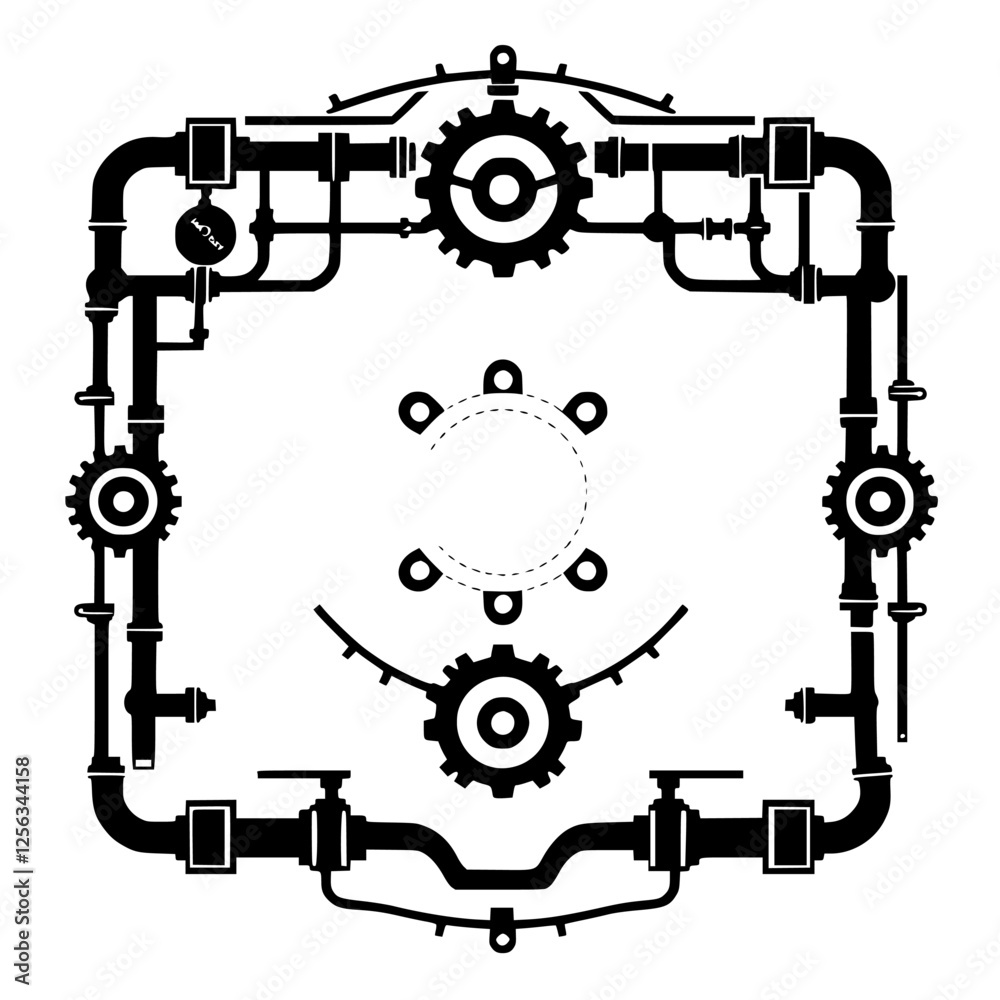 Steampunk Gears and Pipes Diagram: A black and white illustration of a ...