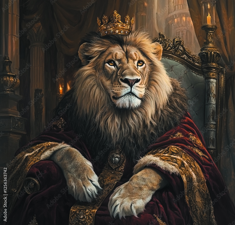 A regal lion sits on a throne wearing a golden crown and royal robe ...
