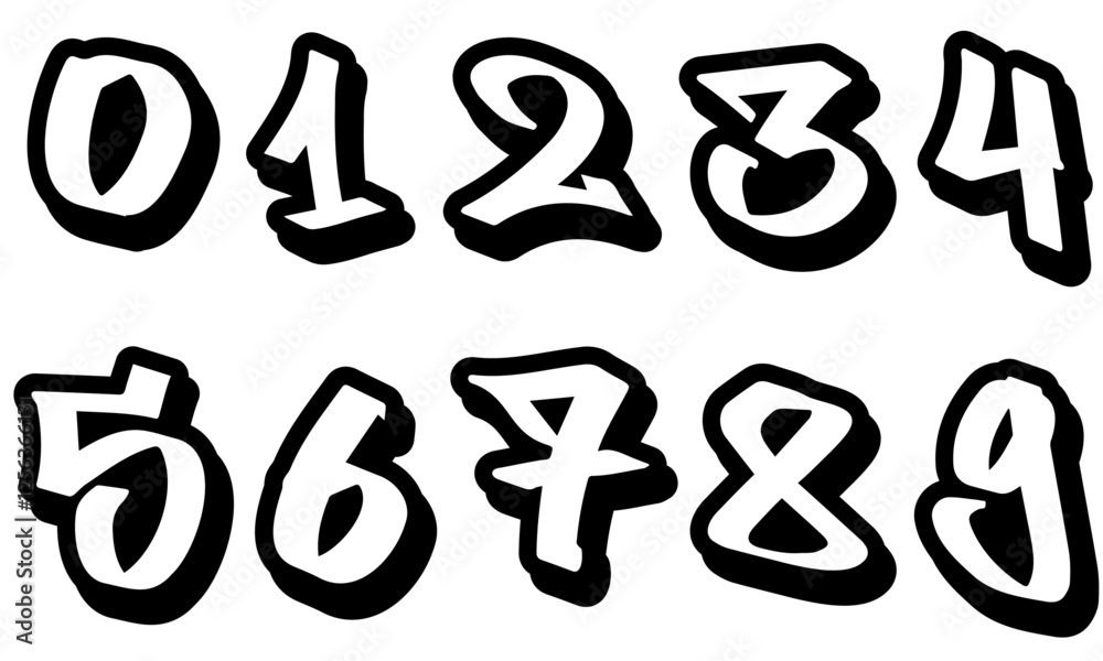 Graffiti numbers from 0 to 9, vector hand drawn white graffiti numbers ...