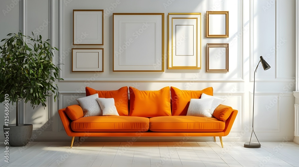 Living room with contrast of orrange two sitter sofa and white ...