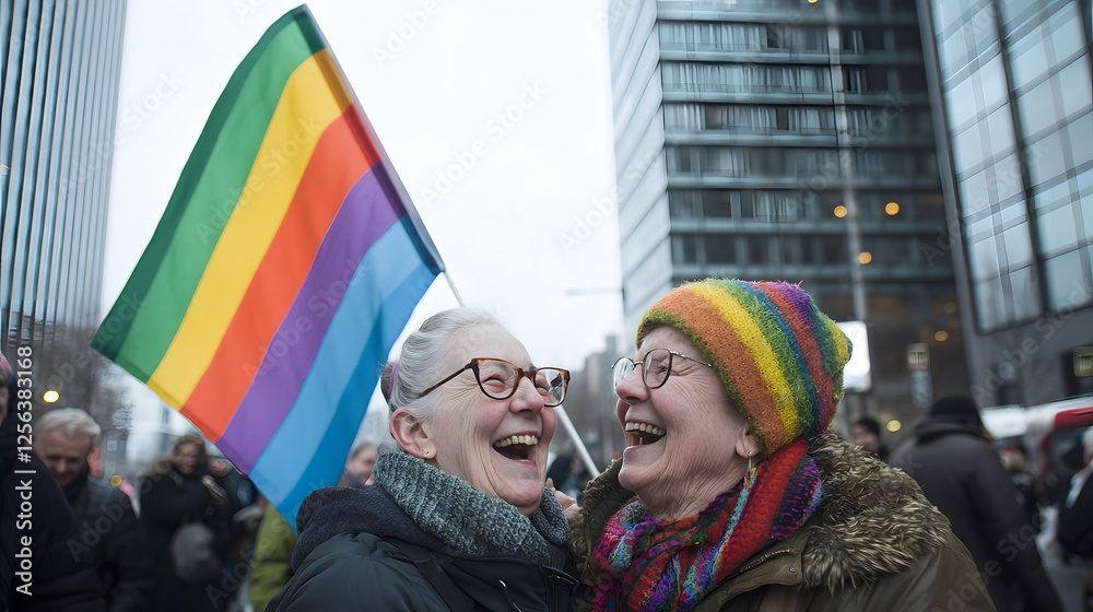 Two older women share a moment of joy and laughter at an outdoor event ...