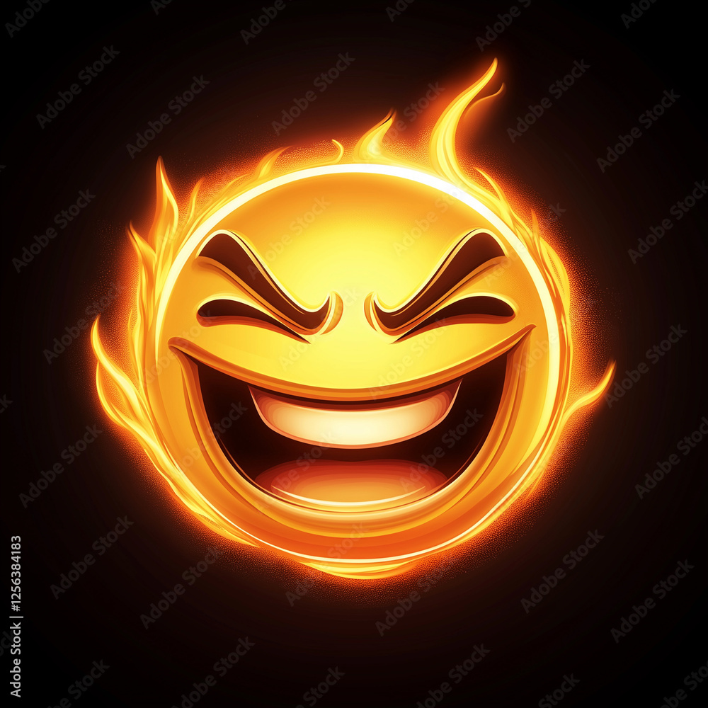 Fiery glowing emoji with menacing grin and flames surrounding its face ...