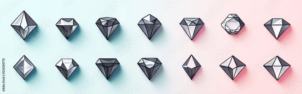 A row of diamonds are shown in various shapes and sizes. simple black ...