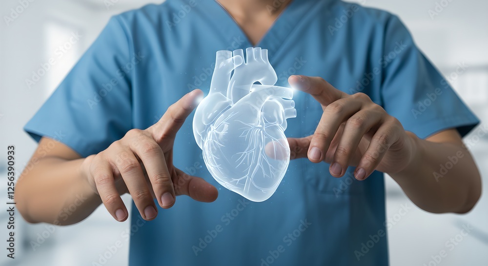 Futuristic medical technology: Doctor in blue scrubs manipulating ...